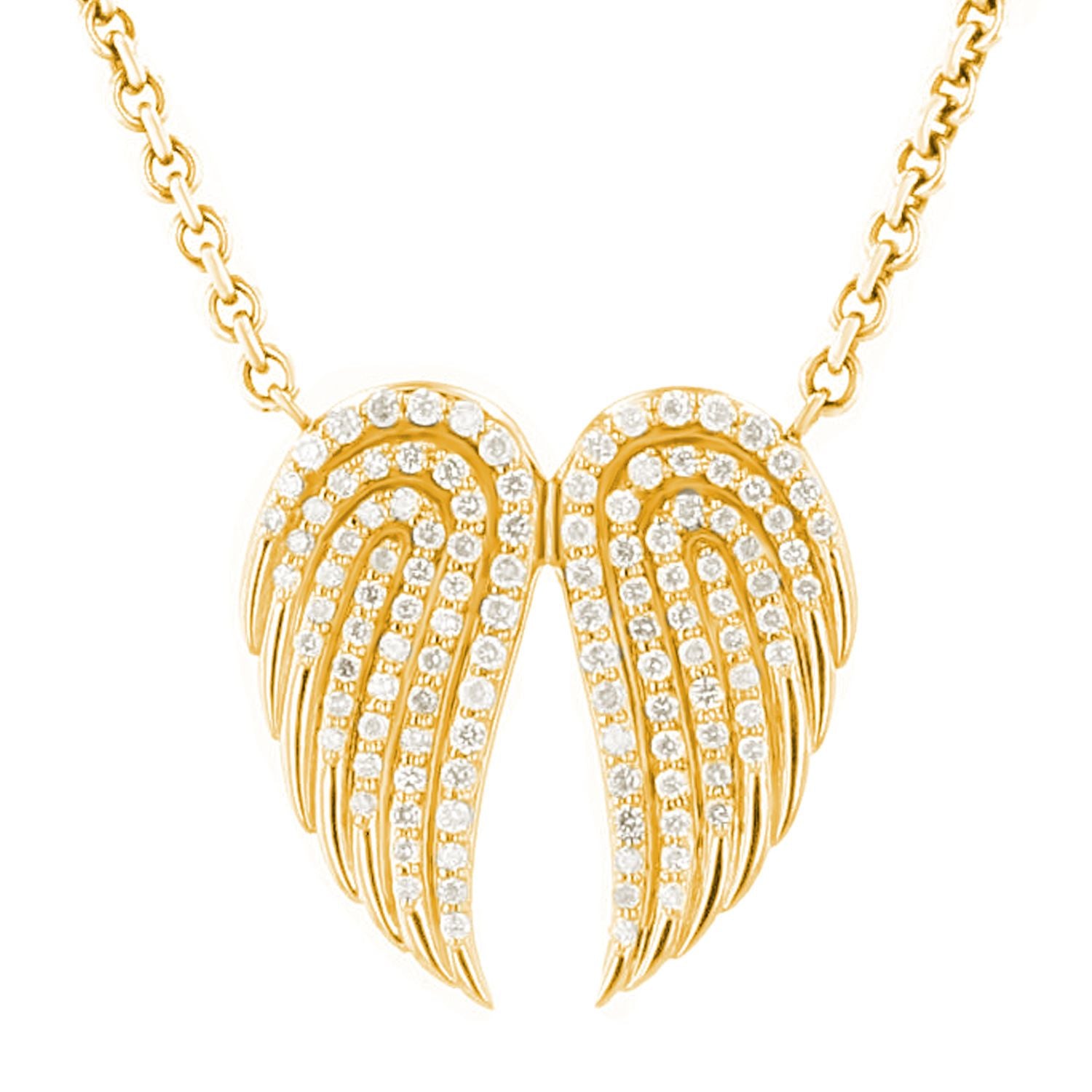 14K Diamond Double Angel Wing Pendant on Cable Chain Necklace - 17-18 ...